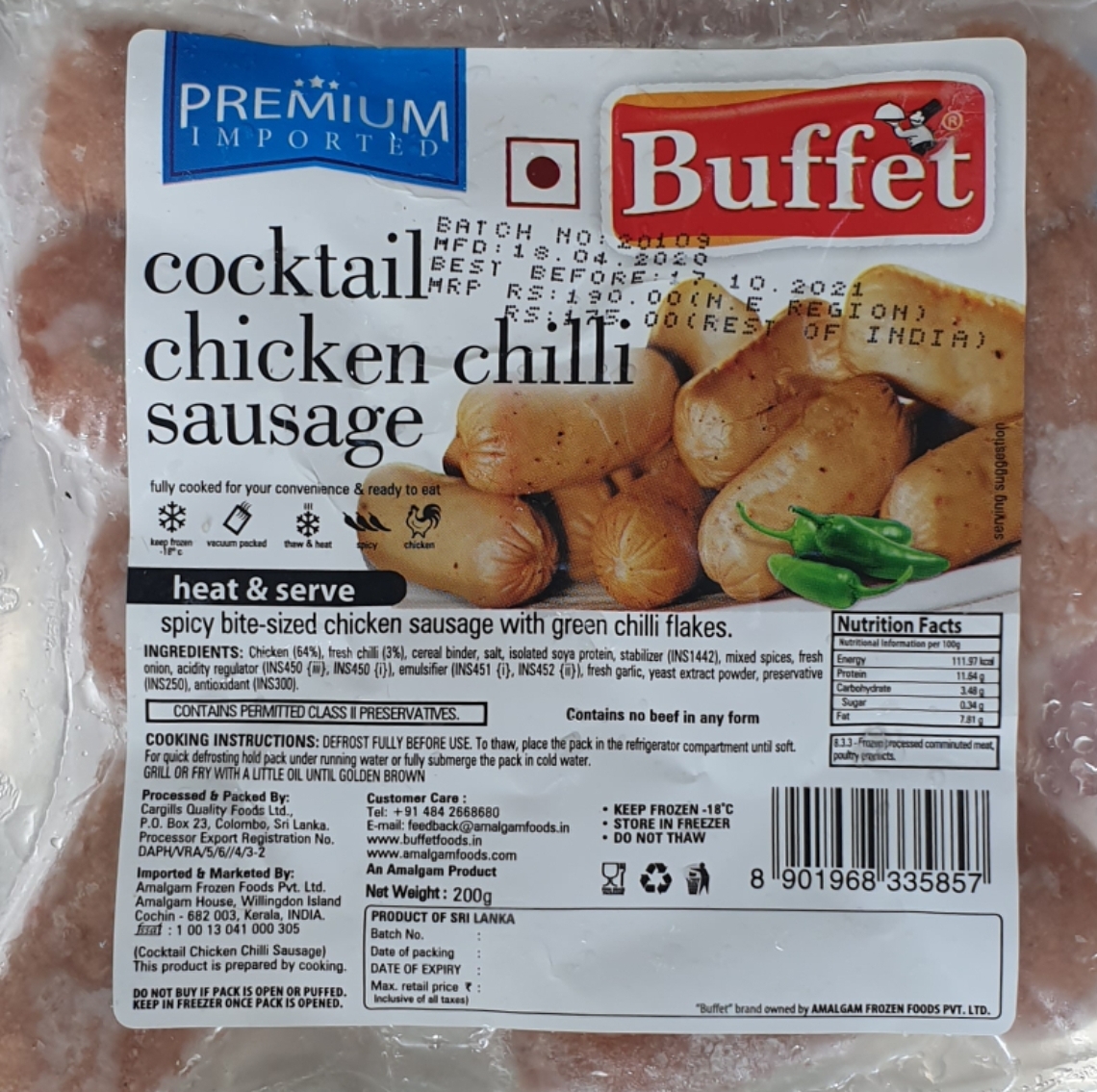 Chicken Chilli Cocktail sausage 200gm -Frozen Freshness - Pheebs